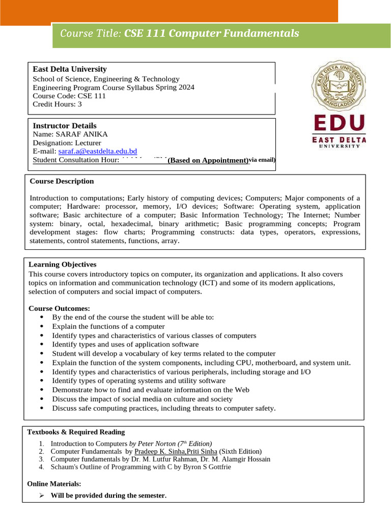 Course Outline CSE 111 | PDF | Operating System | Computing