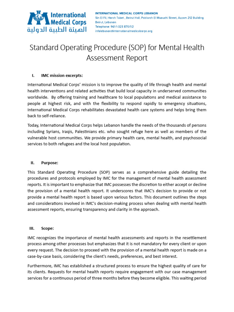 SOP For MH Assessment Report-2023 | PDF | Mental Health | Health Care
