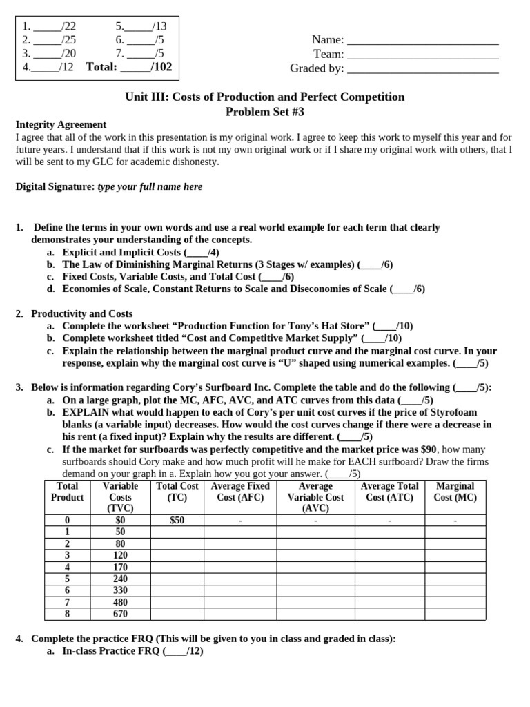 1617 Unit 3 Problem Set (Student Template) | PDF | Long Run And Short Run | Perfect Competition