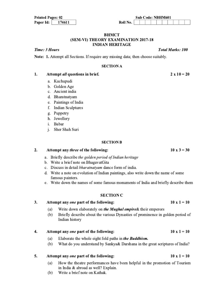 BHMCT 6 Sem Indian Heritage Nbhm601 2018 | PDF