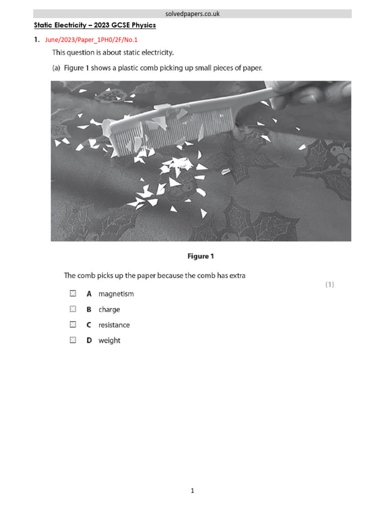 2023 GCSE Physics Static Electricity Papers | PDF