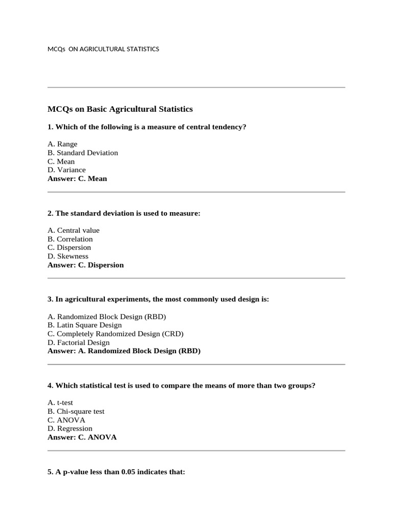 Mcqs On Agricultural Statistics | PDF | Mean | Probability Distribution