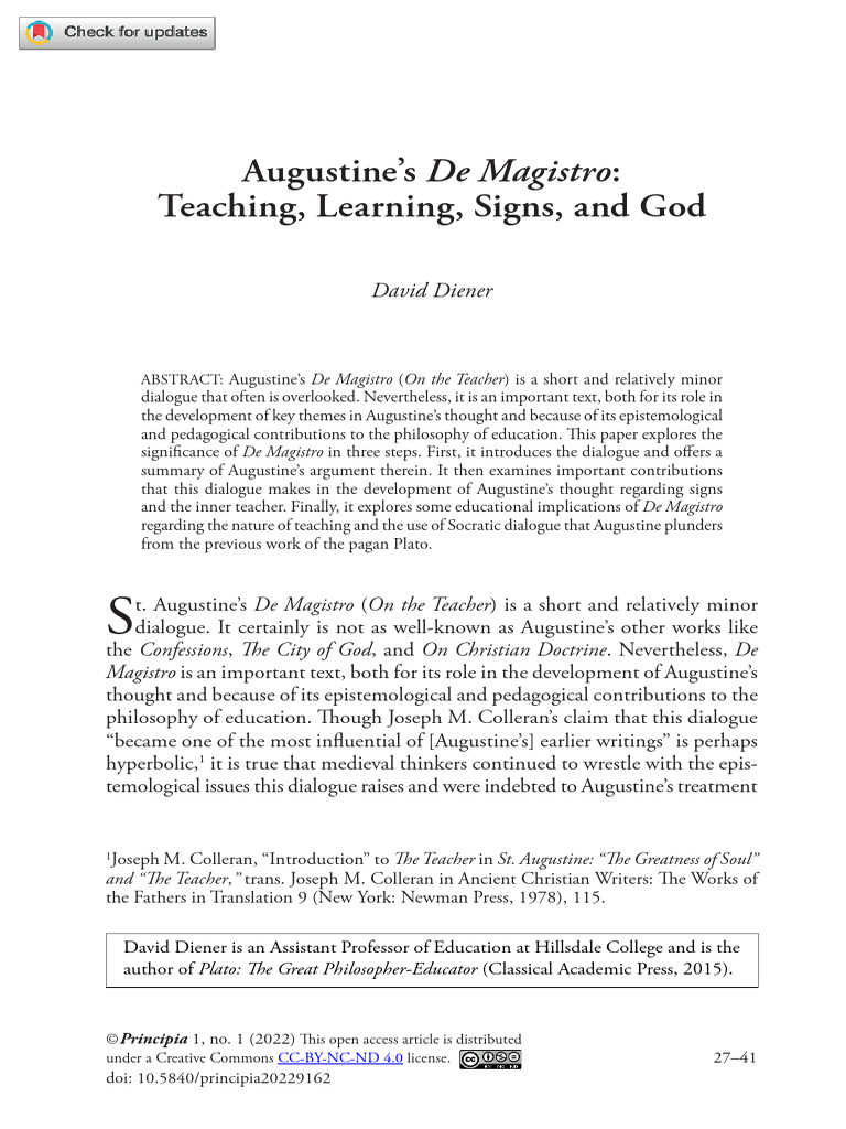 Augustine's de Magistro: Teaching, Learning, Signs, and God David Diener | PDF | Augustine Of ...