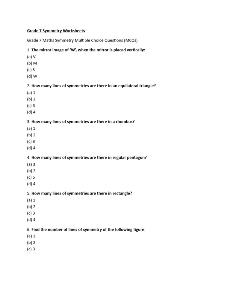 Grade 7 Symmetry Worksheets | PDF | Geometric Shapes | Euclidean Plane ...