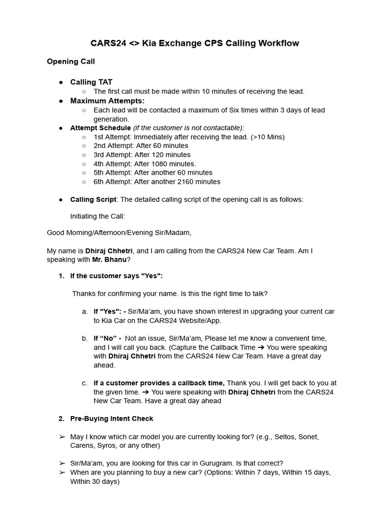 CARS24 KIA CPS Calling Workflow | PDF