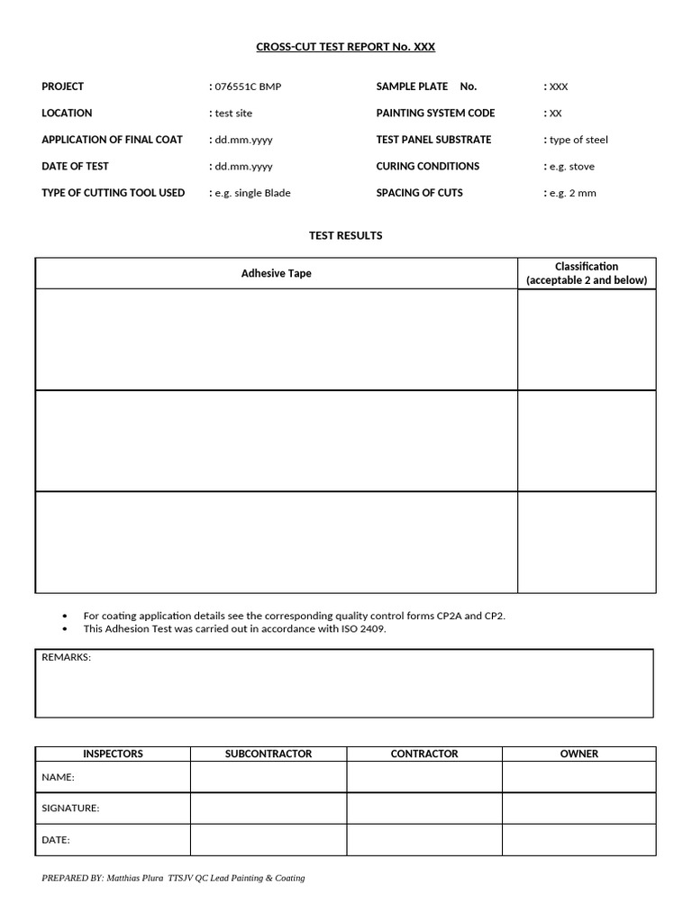 Cross-Cut Test Report ISO 2409 | PDF