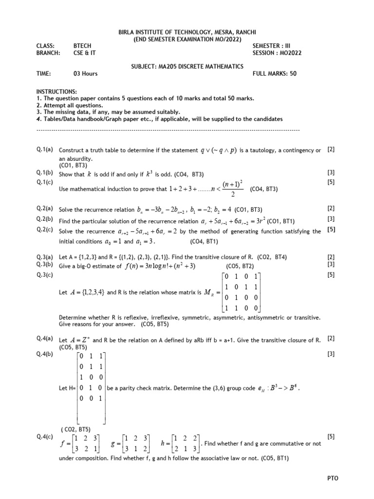 MA205 DISCRETE MATHEMATICS (END - MO22) - Merged | PDF | Mathematical Relations | Discrete ...