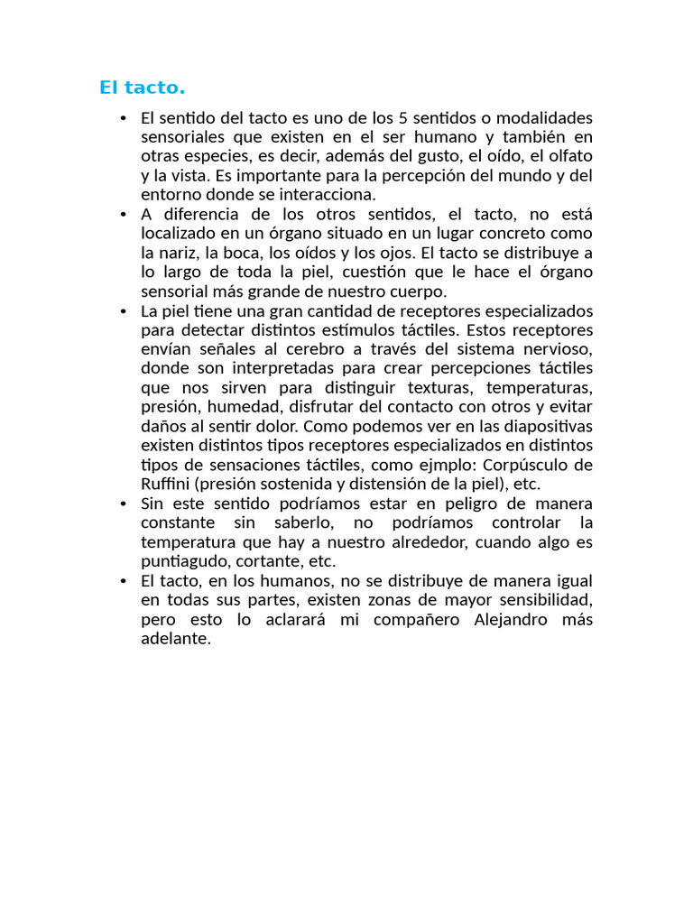 Importancia del Tacto en Humanos | PDF | Sentidos | Sistema nervioso