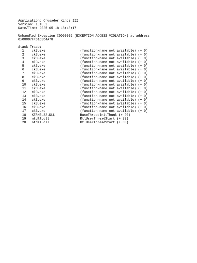 CK3 Crash Log Analysis: Exception C0000005 | PDF