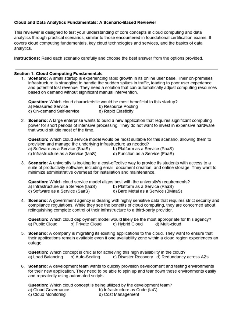 Cloud and Data Analytics Fundamentals- A Scenario-Based Reviewer | PDF | Cloud Computing ...
