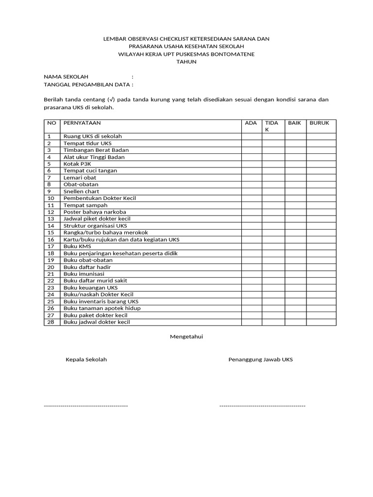LEMBAR OBSERVASI CHECKLIST UKS | PDF