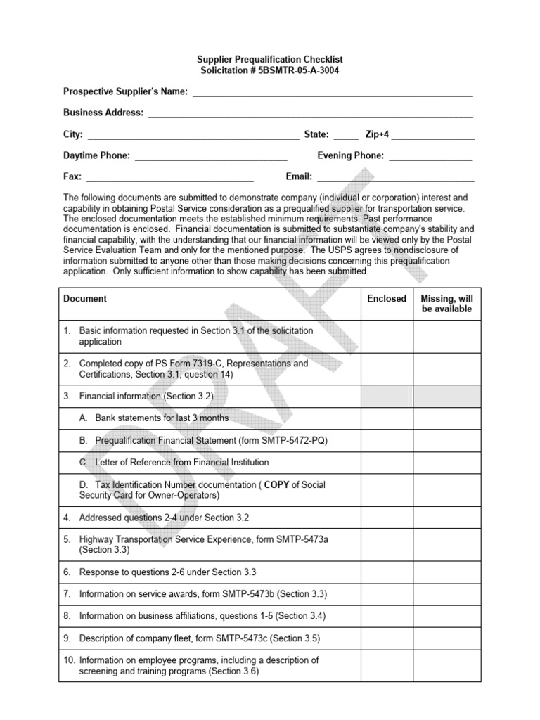 Supplier Prequalification Checklist | PDF | United States Postal Service