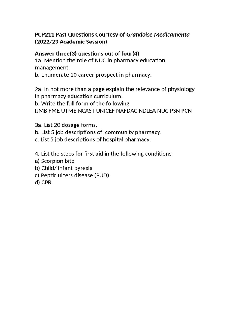 PCP211 Past Questions Courtesy of Grandoise Medica | PDF