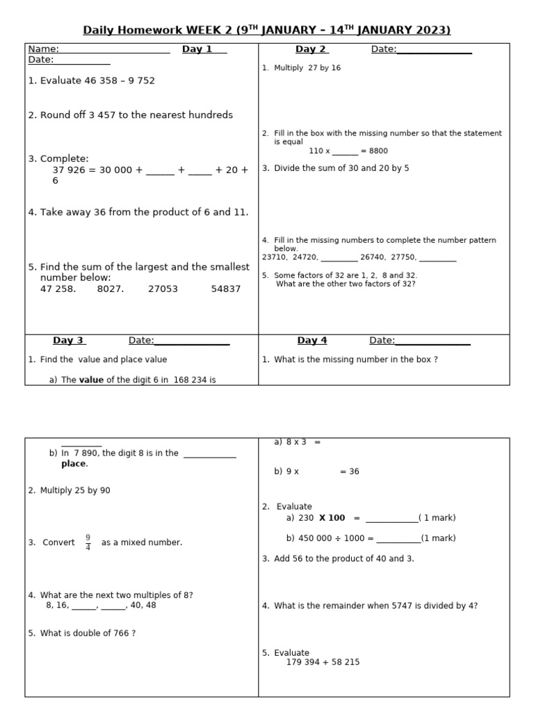 Daily Homework 2023 Week 2 | PDF | Mathematics | Arithmetic