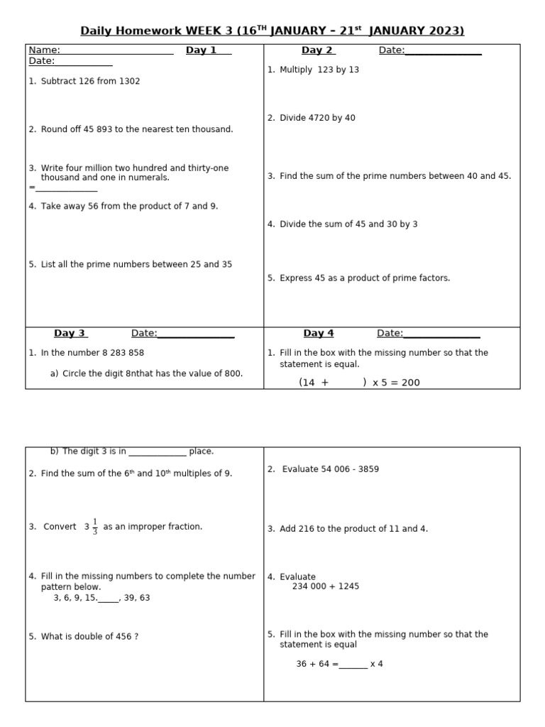 Weekly Math Homework: Week 3 Tasks | PDF