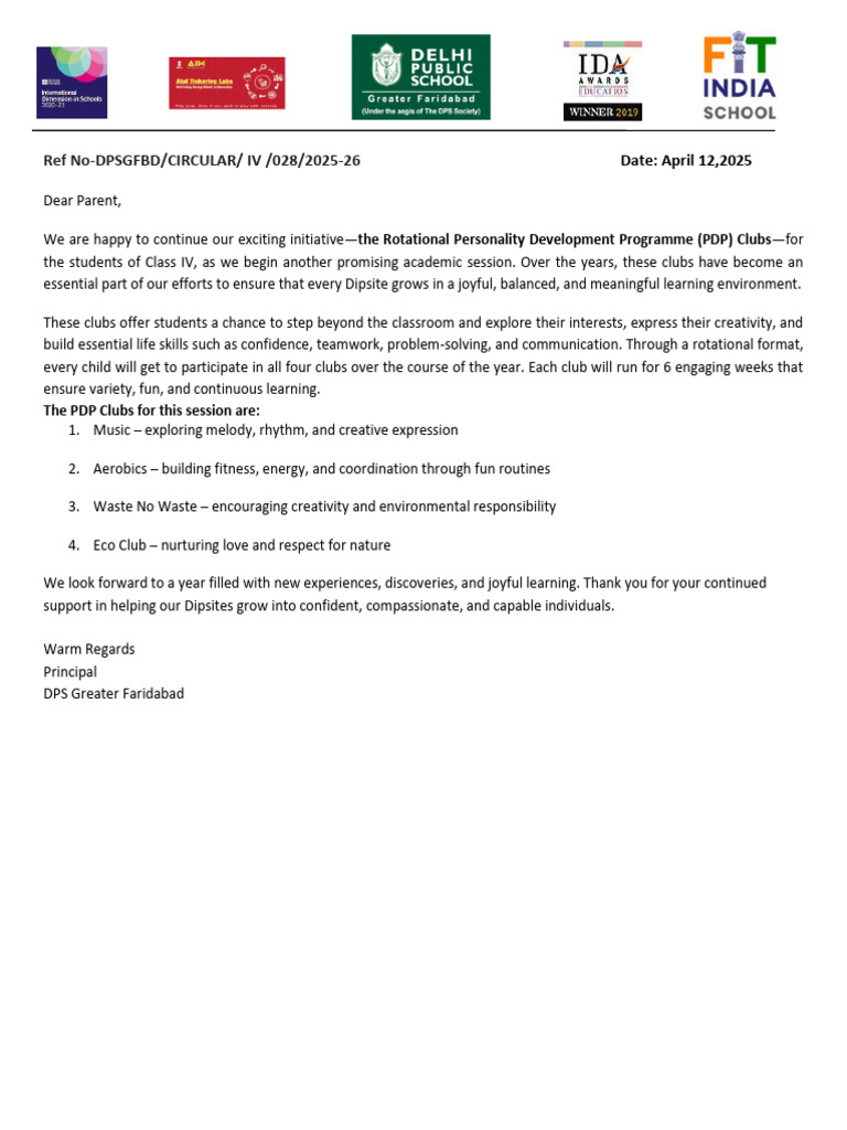 Circular No-028 (Class IV) - On Personality Development Programme (PDP ...