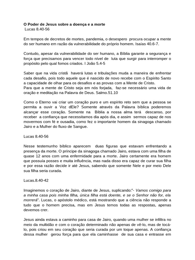 O Poder de Jesus Sobre A Doença e A Morte | PDF | Jesus | Bíblia