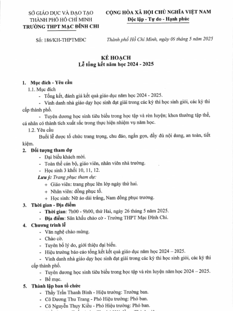 Ke Hoach Le Tong Ket Nam Hoc 2024 2025 | PDF