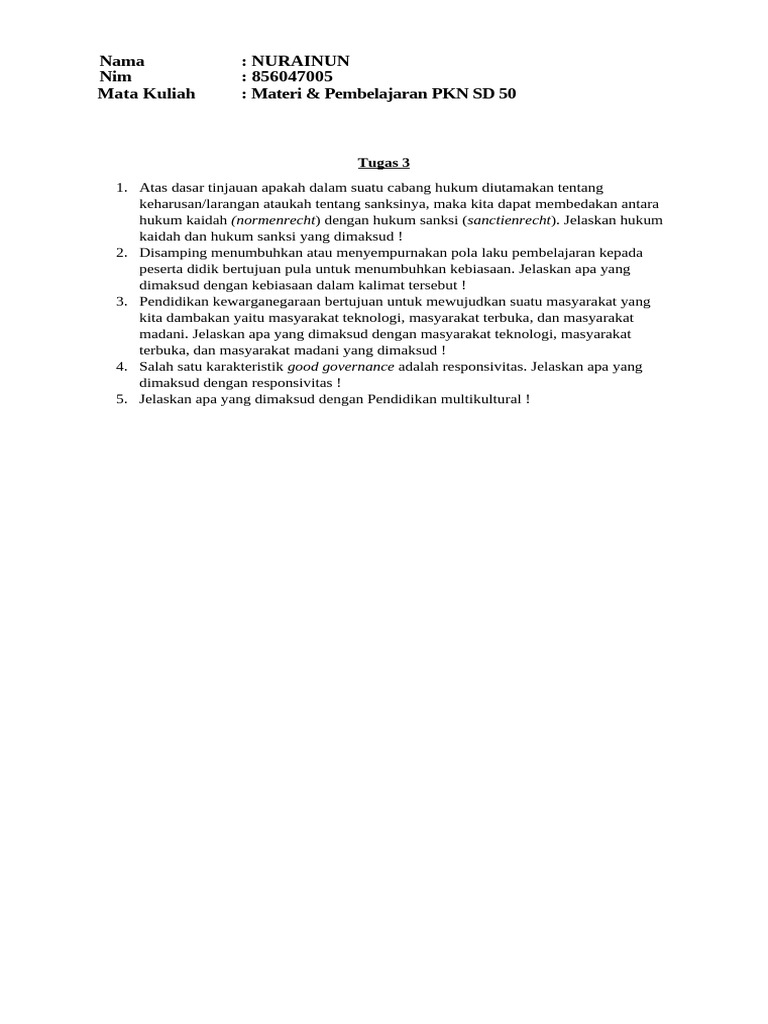 MATERI DAN PEMBELAJARAN PKN DI SD - Tugas 3 | PDF