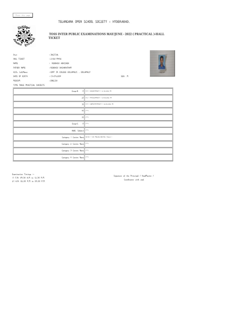 Telangana TOSS Practical Hall Ticket | PDF