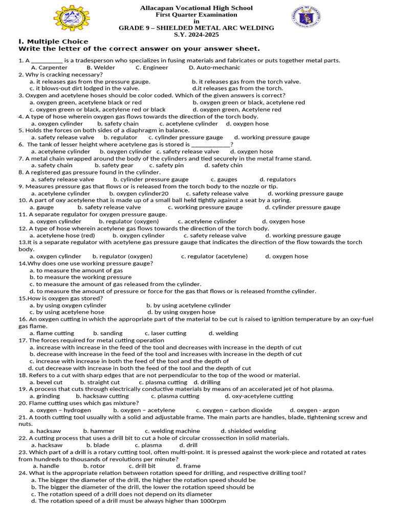 Grade 9 1st Quarter Exam | PDF | Manufactured Goods | Tools