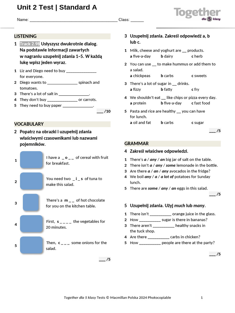 Unit 2 Test for Class 5 English | PDF | Salad | Lunch