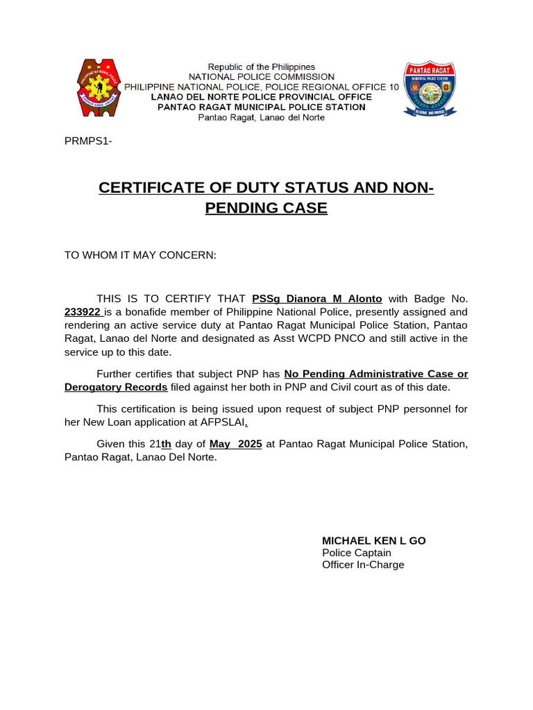 Duty Status and Non Pending Case | PDF