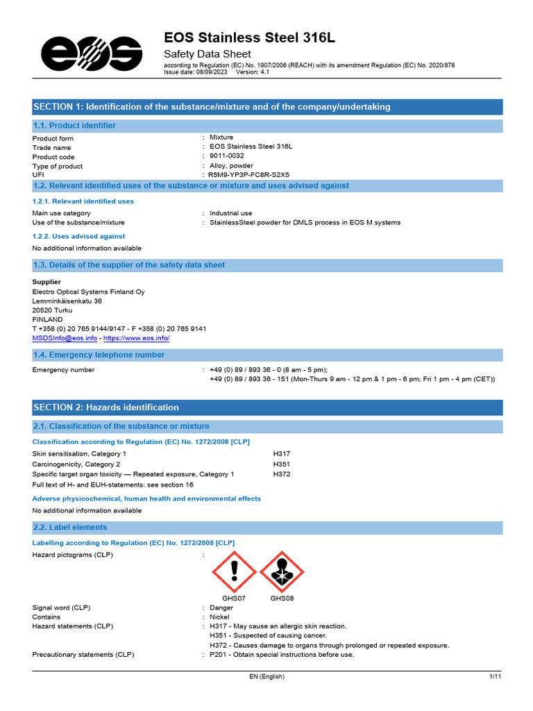 SS 316L Safety Data Sheet En | PDF | Personal Protective Equipment | Toxicity