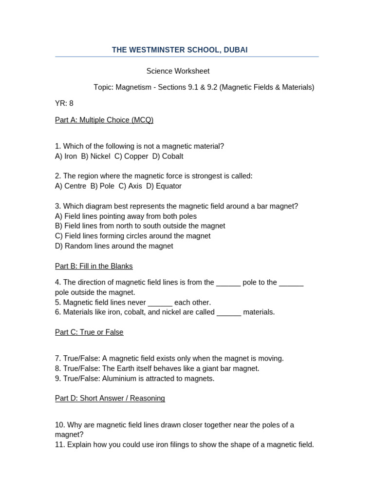 Magnetism Worksheet for Year 8 | PDF