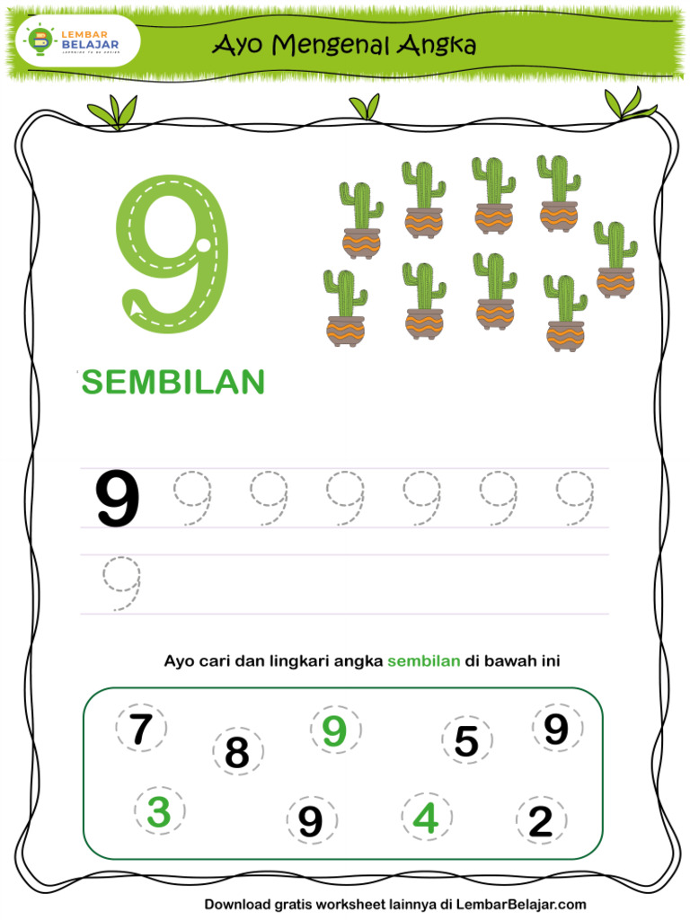 Worksheet Menulis Angka 9 1 | PDF