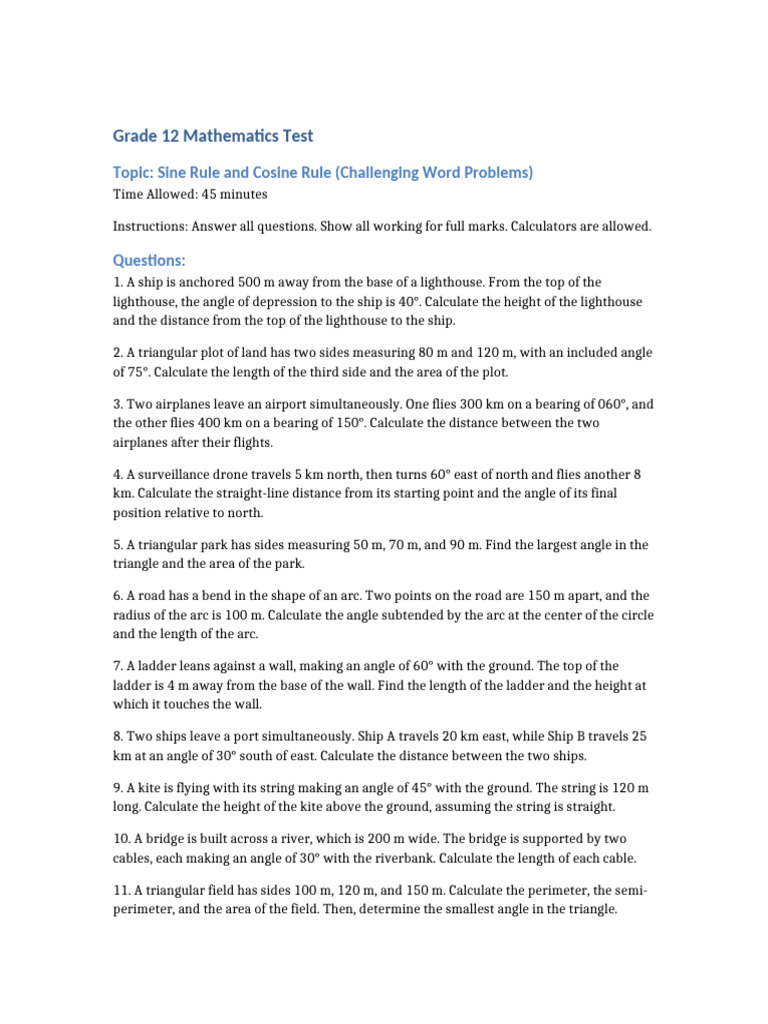 Sine_Cosine_Rule_Test_Challenging | PDF | Area | Circle