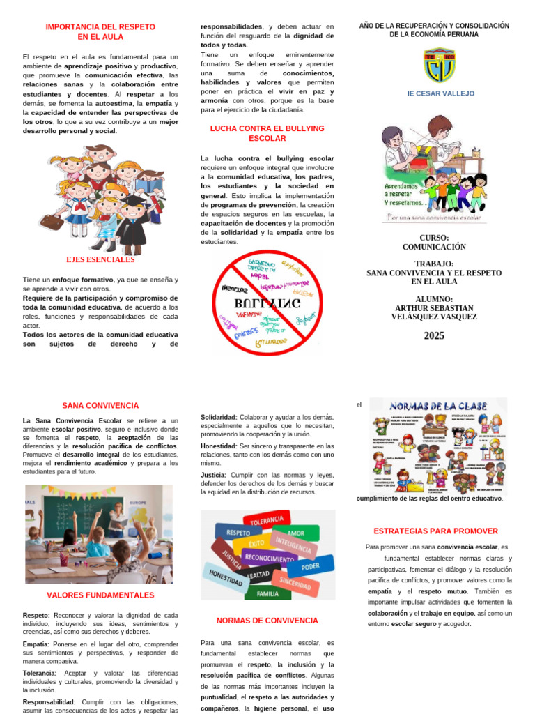 Triptico - Sana Convivencia y El Respeto Escolar | PDF | Enseñando | Salón de clases
