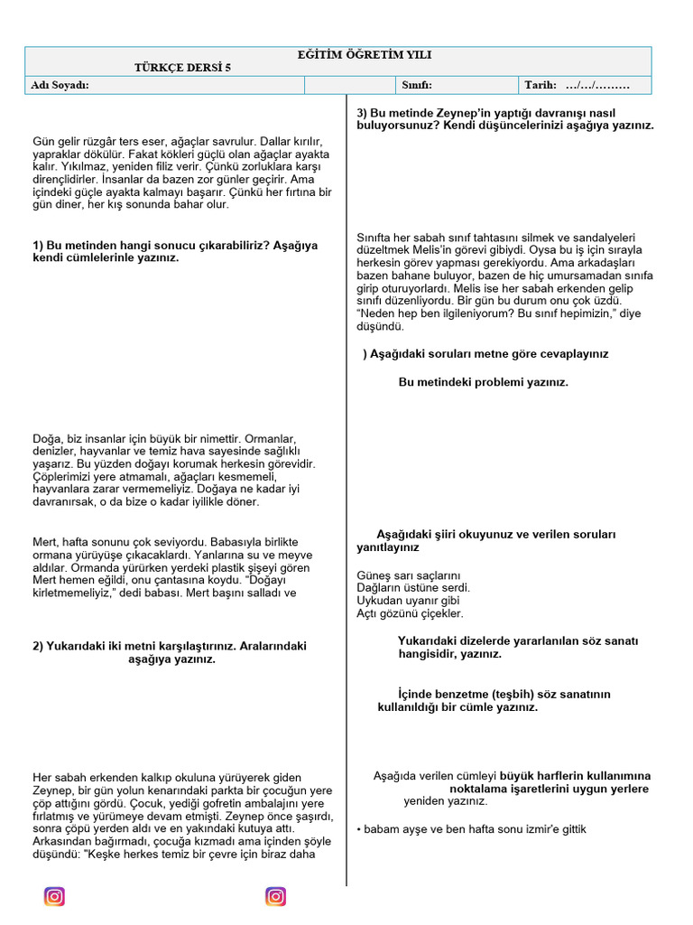 Sınıf 2. Dönem 2. Yaızlı Turkce | PDF