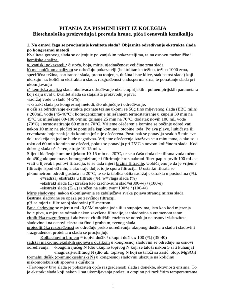 Skripta Proizvodnja Piva Ispitna Pitanja | PDF