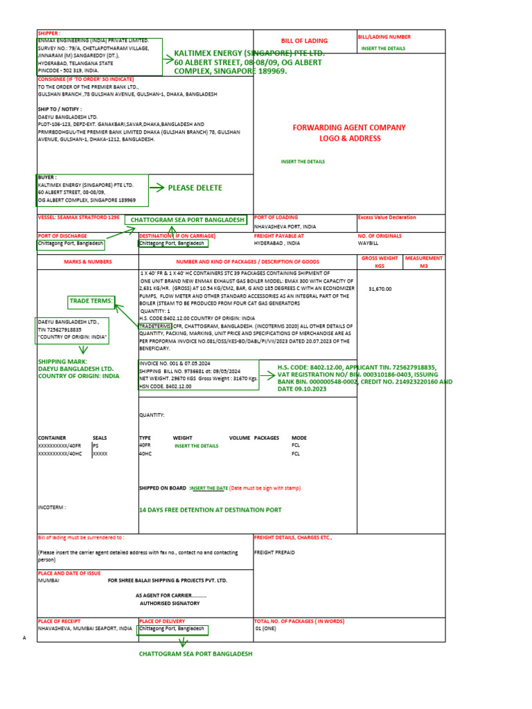 BILL OF LADING - 001 draft J 1152 | PDF | Bill Of Lading | Cargo