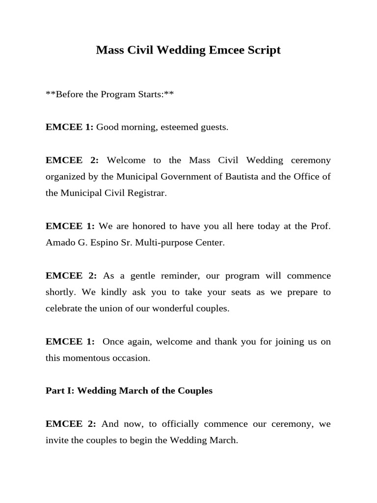 Mass Civil Wedding Emcee Script | PDF | Wedding | Social Conventions