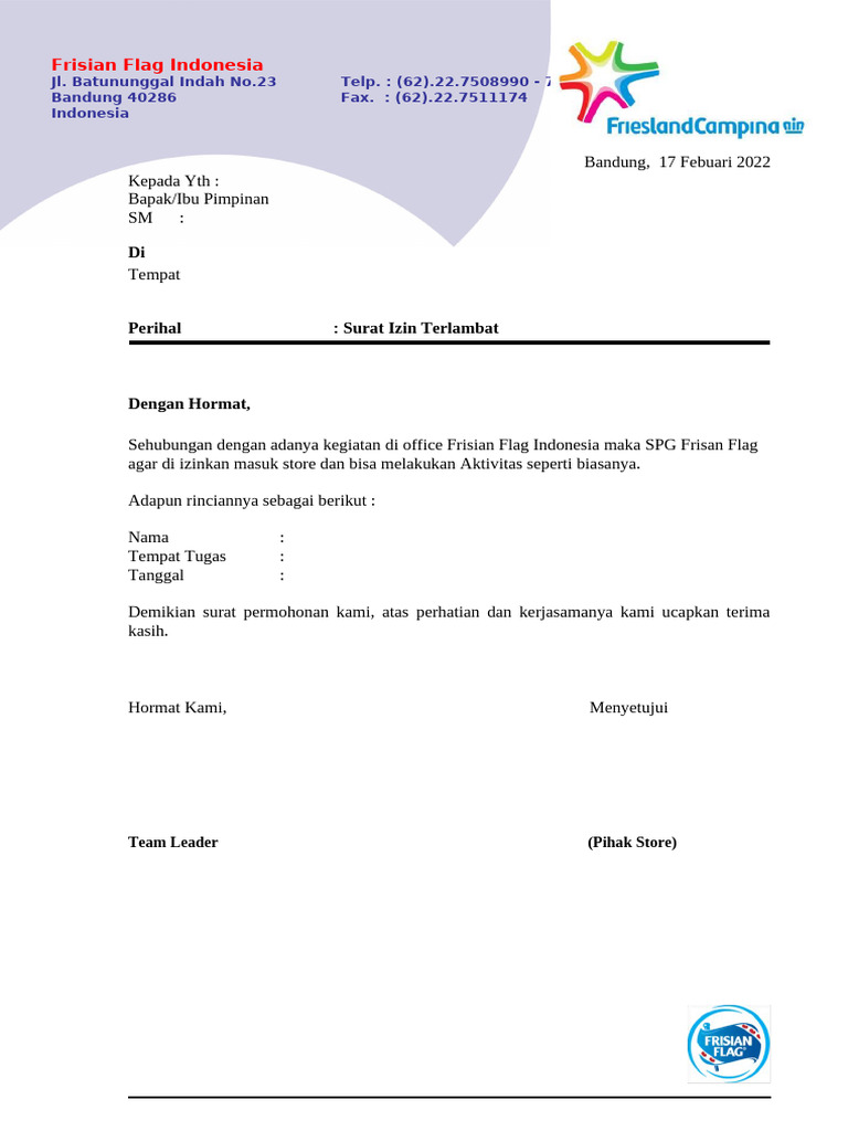 Surat Izin Aktivitas SPG Frisian Flag | PDF