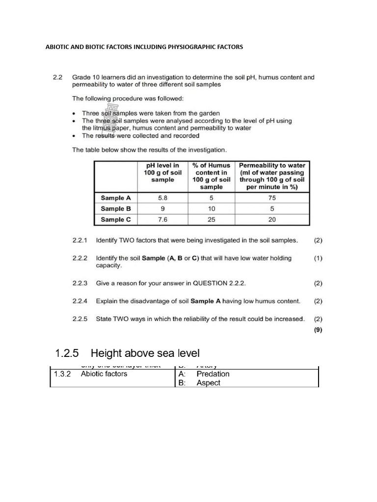 Abiotic, Biotic Factors & Physiographic Factors Worksheet | PDF