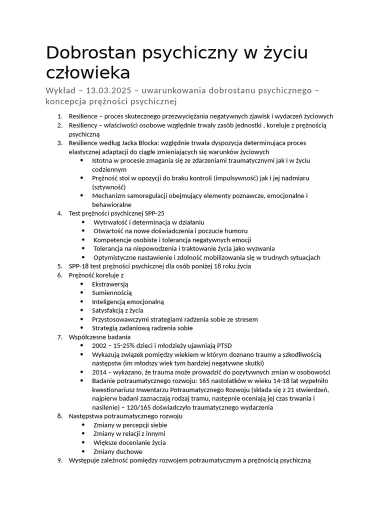 Dobrostan Psychiczny W Życiu Człowieka - Wykład 13.03.2025 | PDF