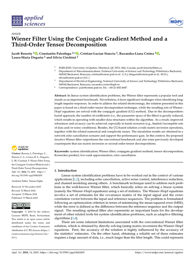 Wiener Filter Using The Conjugate Gradient Method and A Third-Order ...