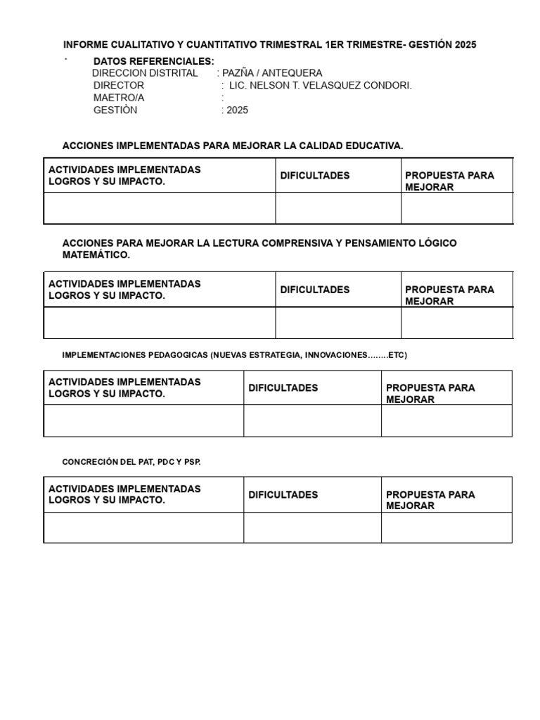 Ramiro Franz Condori Roque - INFORME CUALITATIVO DEL PRIMER TRIMESTRE | PDF