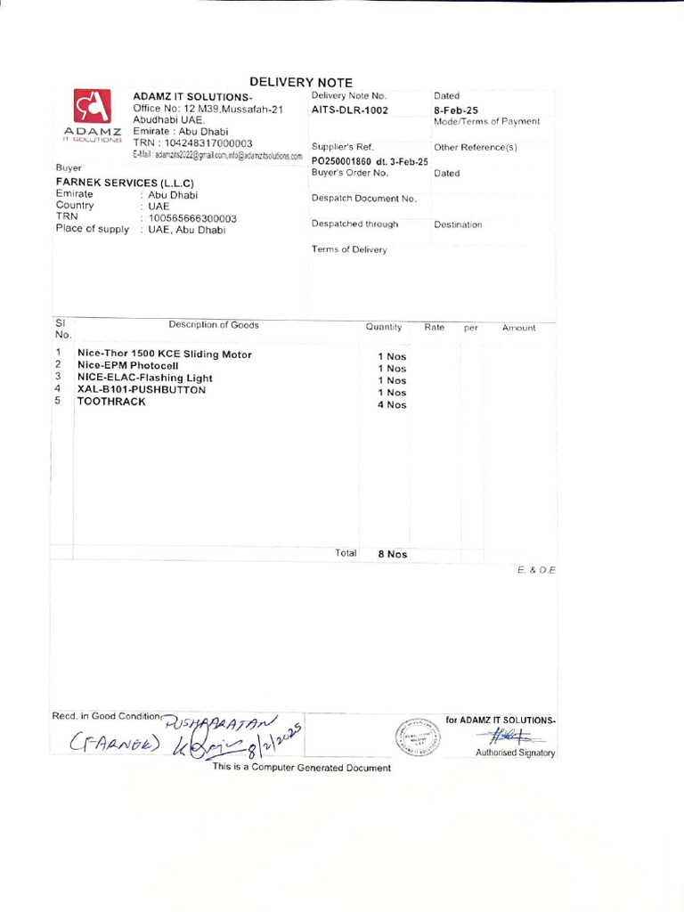 Sliding Gate Motor Delivery Note - Compressed | PDF