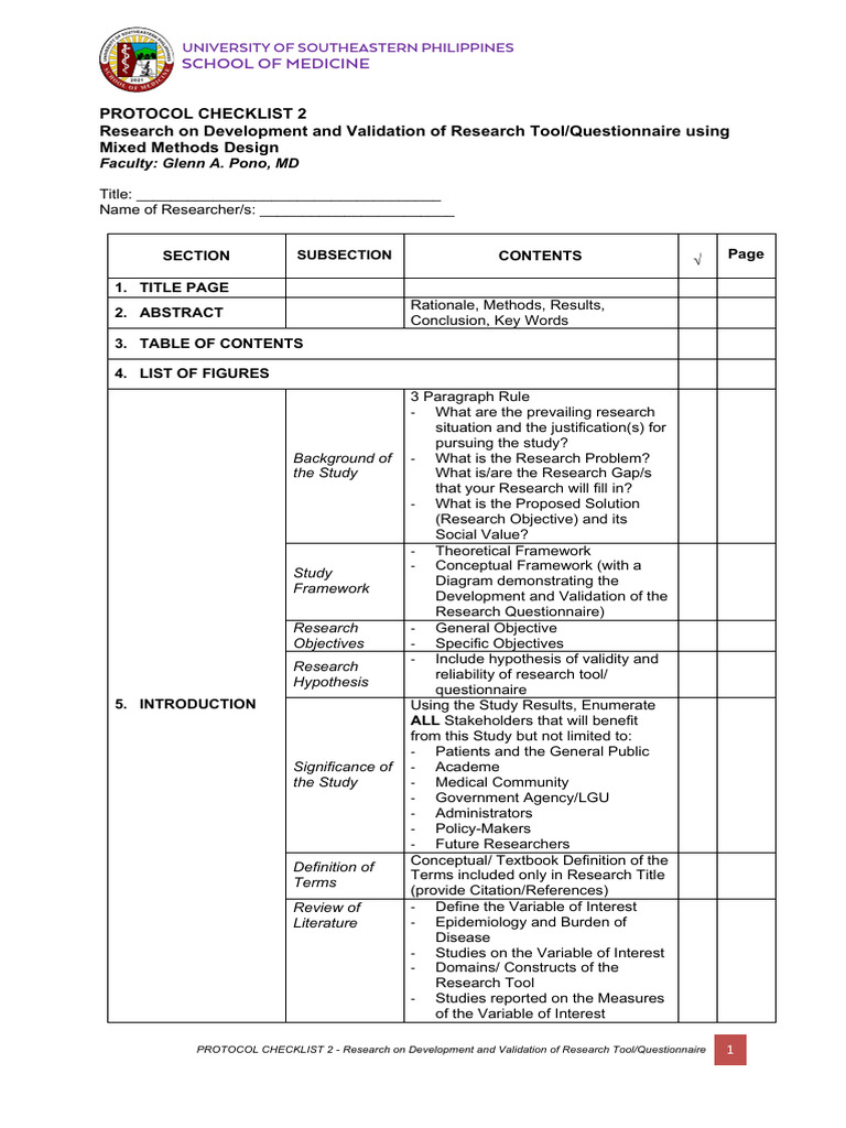 PROTOCOL CHECKLIST 2 Development and Validation of Research ToolQuestionnaire | PDF | Sampling ...