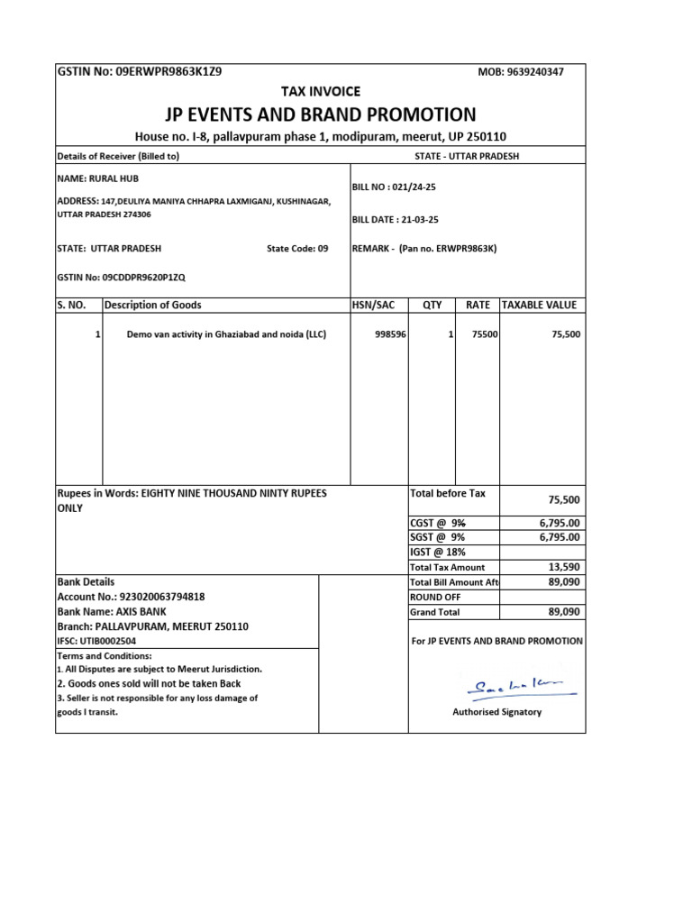 INVOICE NO.021 RURAL HUB UP (LLC) | PDF | Economy Of India | Public Finance
