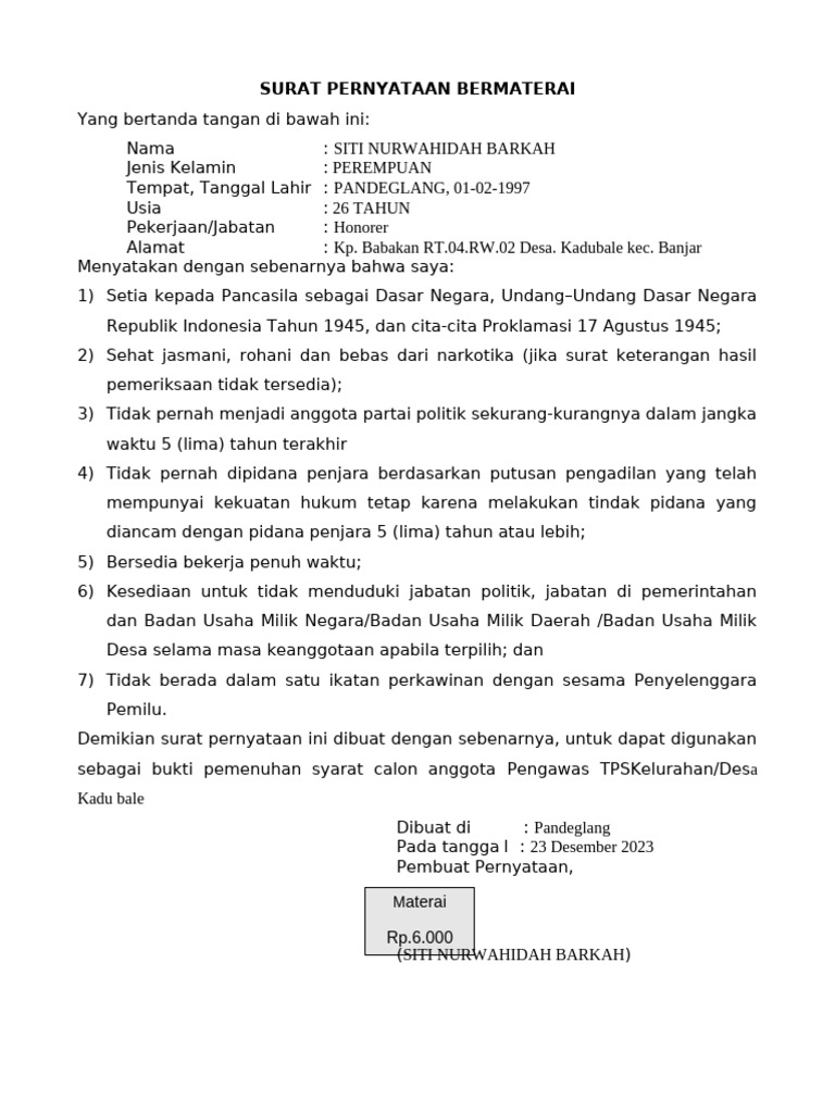 Surat Pernyataan Bermaterai | PDF