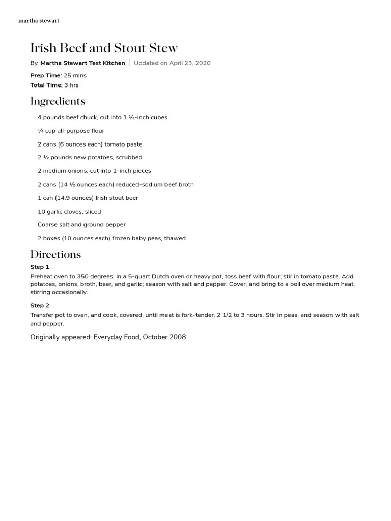 Irish Beef and Stout Stew - Print | PDF