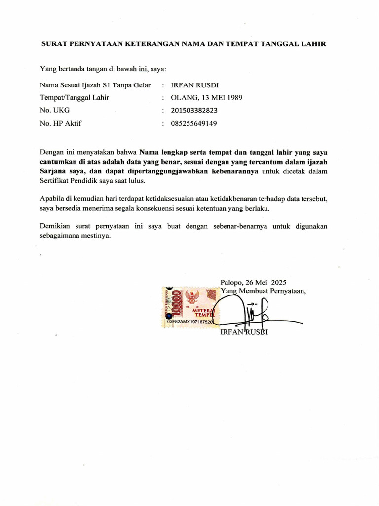 Surat Keterangan Nama Dan TGL Lahir - 201503382823 - Guru Kelas | PDF
