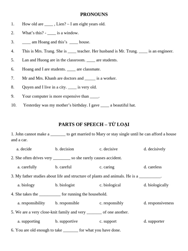 Pronouns and Parts of Speech Exercises | PDF
