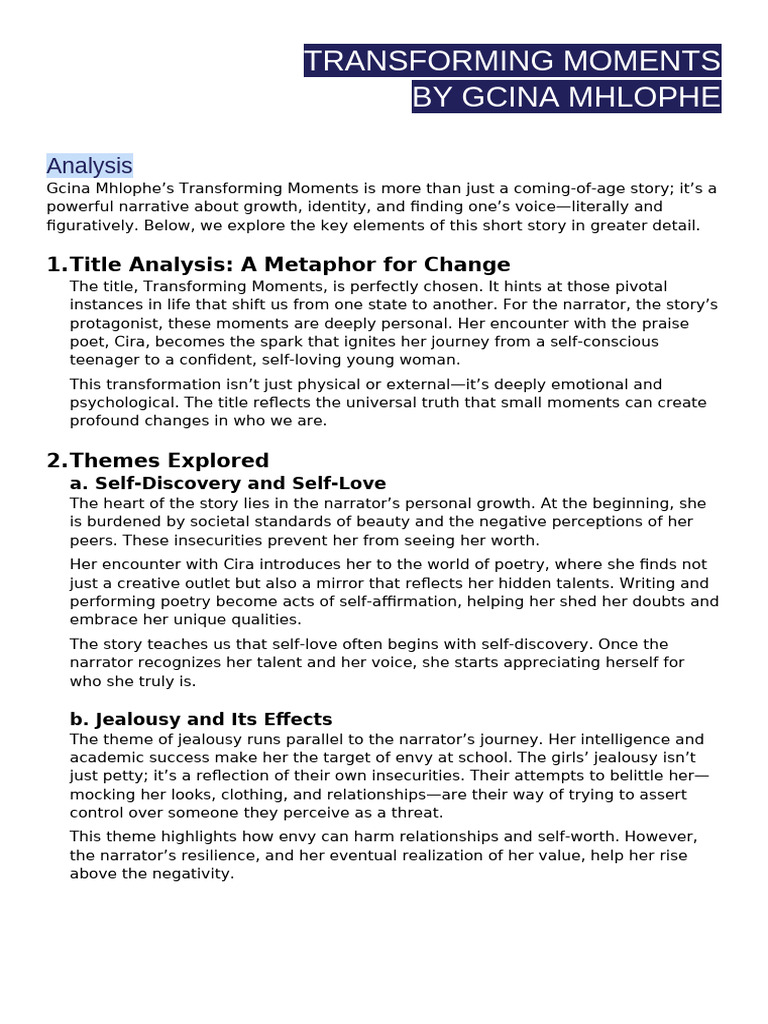 Transforming Moments - Analysis | PDF | Friendship | Jealousy
