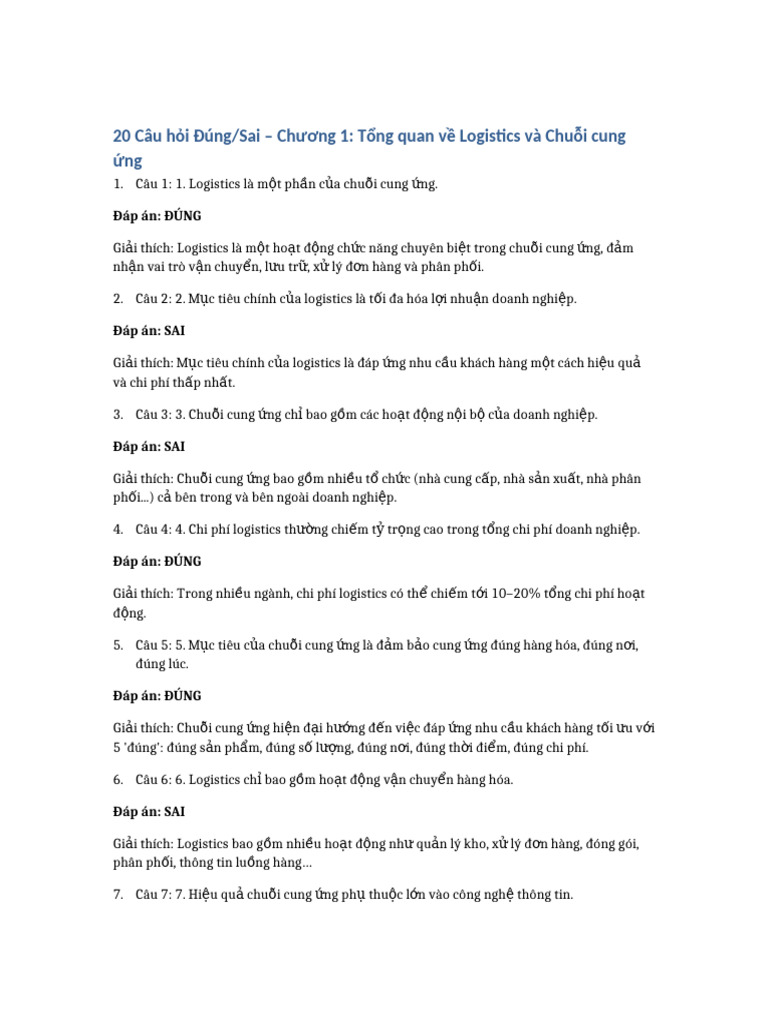 Cau Hoi Dung Sai Logistics Chuong 1 | PDF
